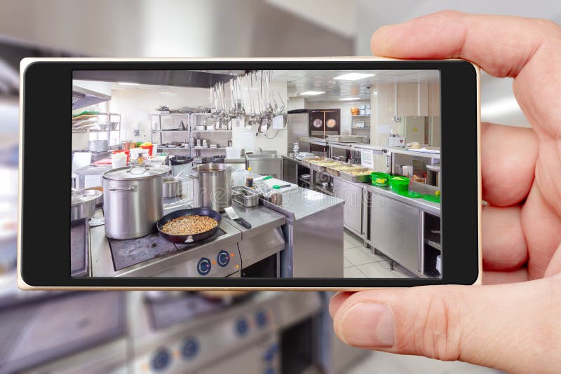 Restaurant Kitchen on Smartphone Screen. Stock Photo - Image of prepare ...