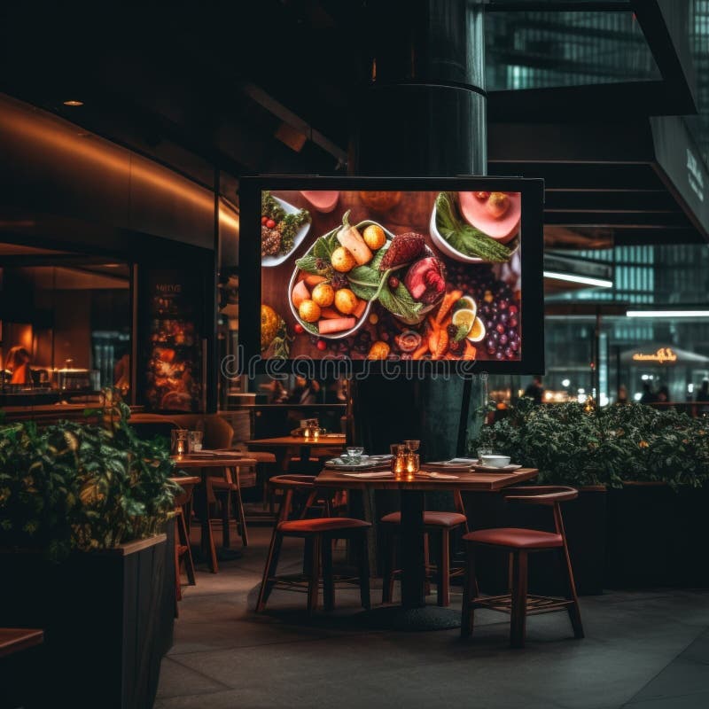 A Restaurant with a Large Screen Displaying a Variety of Foods ...