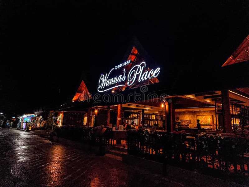 Restaurant with Lights at Night Editorial Photography - Image of famous ...