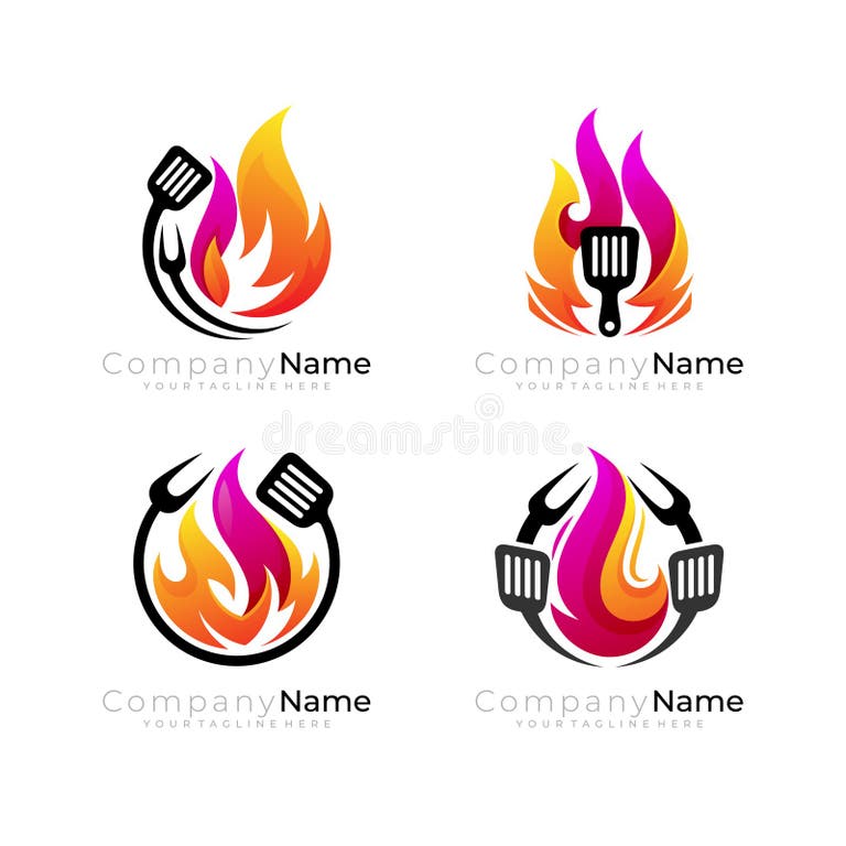Restaurant Logo and Barbecue Design Template, Spatula and Fire Stock ...