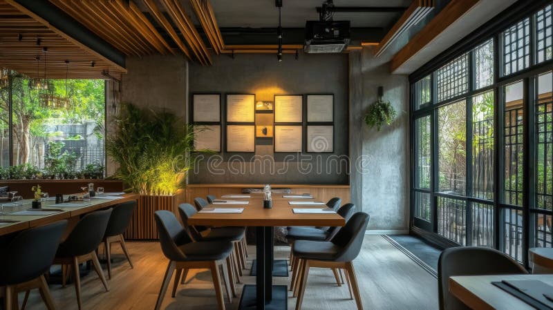 A Restaurant with a Long Table and Chairs Stock Illustration ...