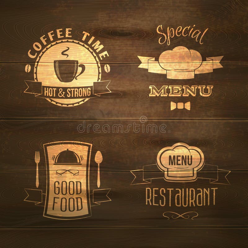 Restaurant Menu Emblems Set Wooden Stock Vector - Illustration of ...