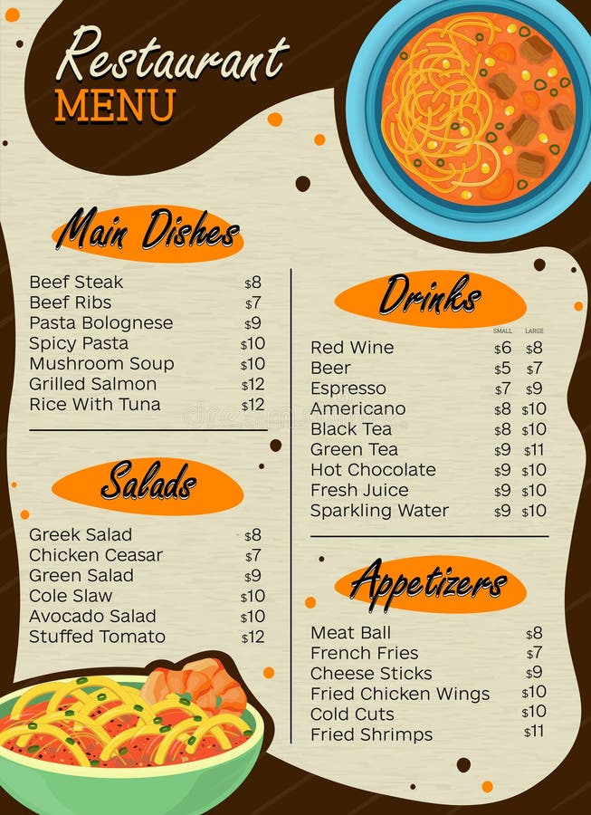 Restaurant Menu with Main Dishes, Salads, Drinkss and Appetizers Stock ...