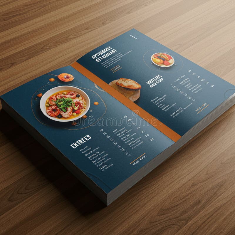 A Restaurant Menu with a Modern Design on a Wooden Table. it Features a ...