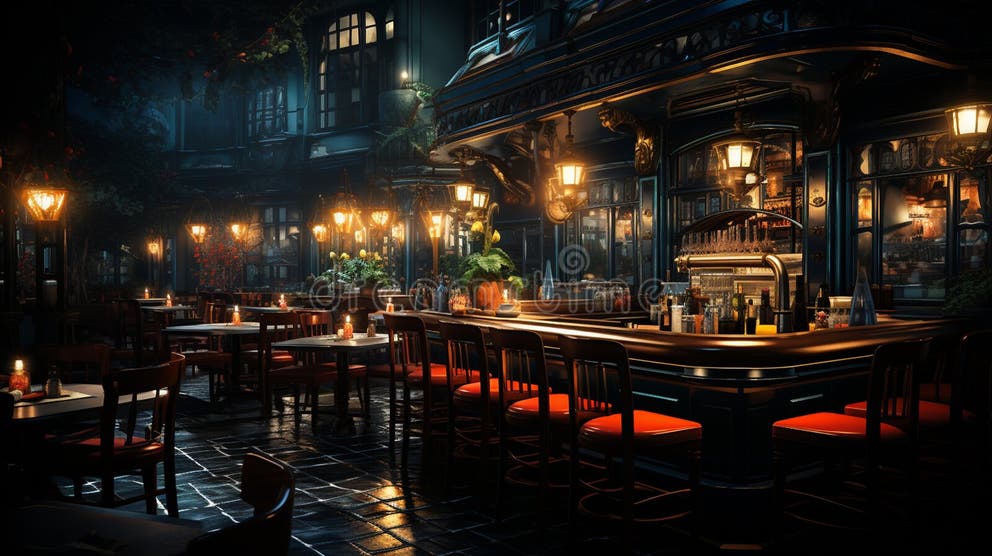 Restaurant at night time stock illustration. Illustration of design ...