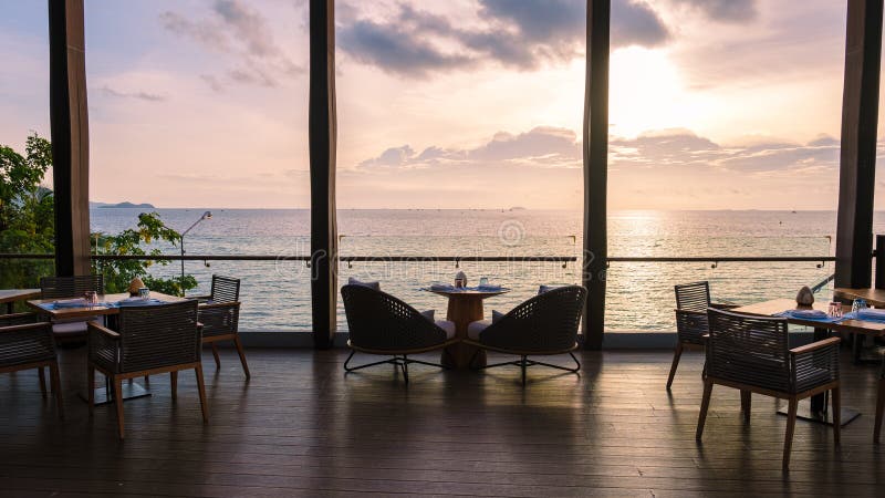 Restaurant at Oceanfront during Sunset in Pattaya Thailand Stock Photo ...