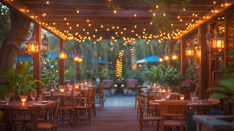 A Restaurant with Outdoor Seating, Tables, and Glowing String Lights ...