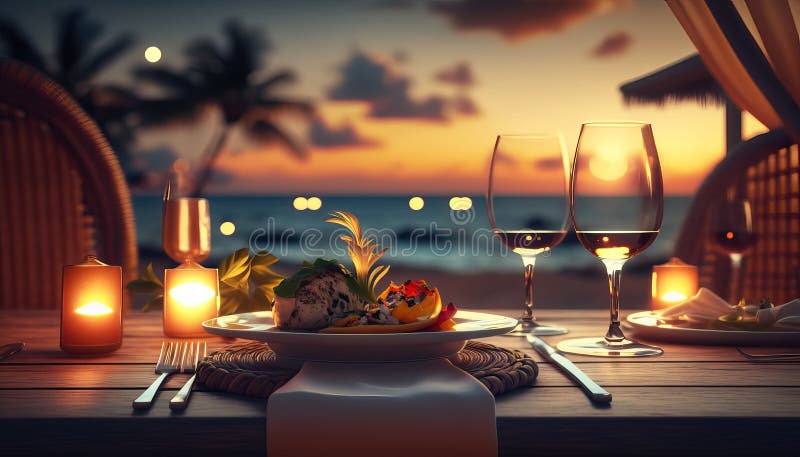 Restaurant Overlooking the Beach on a Tropical Island at Sunset with ...