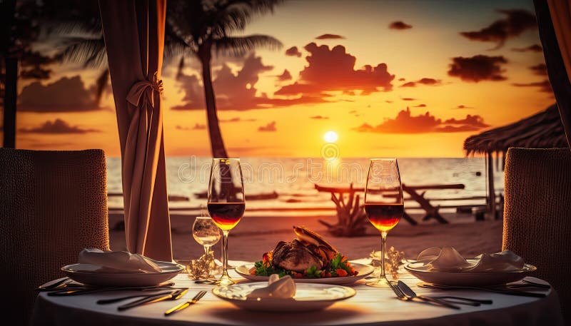 Restaurant Overlooking the Beach on a Tropical Island at Sunset with ...
