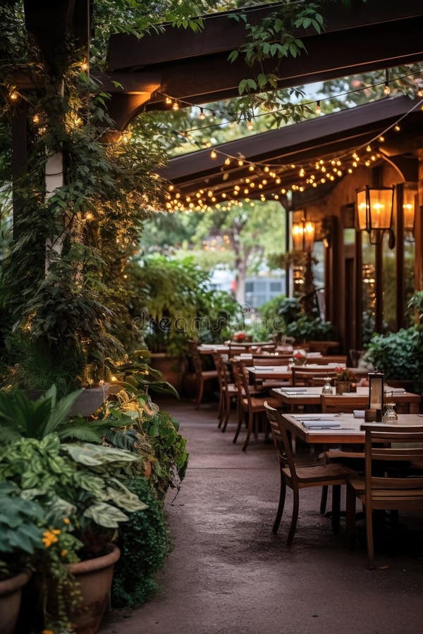 Restaurant Patio Setting with Twinkling Lights and Greenery Stock ...