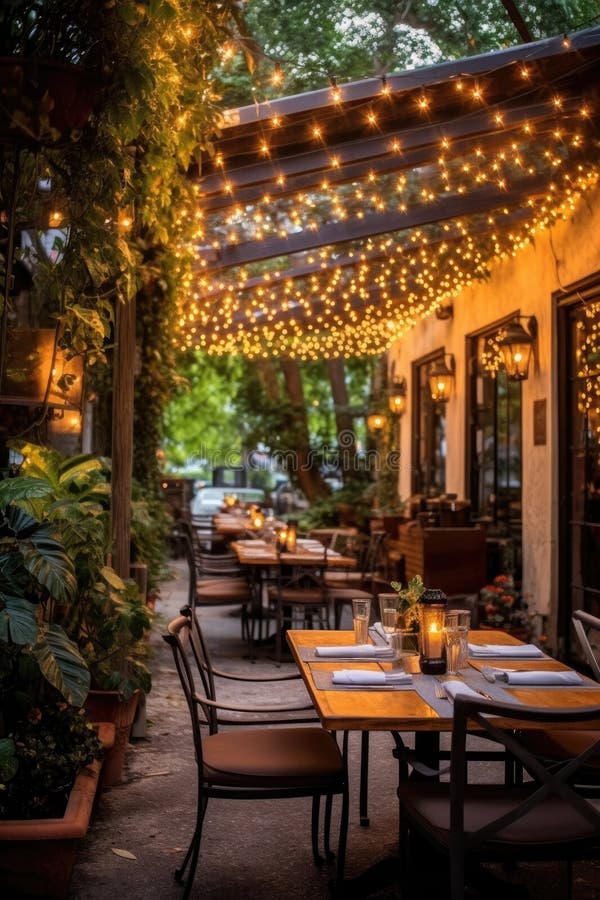 Restaurant Patio Setting with Twinkling Lights and Greenery Stock Photo ...