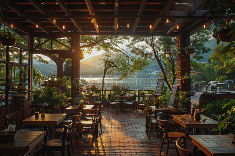 A Restaurant Patio with Tables and Chairs, and a View of the Water ...