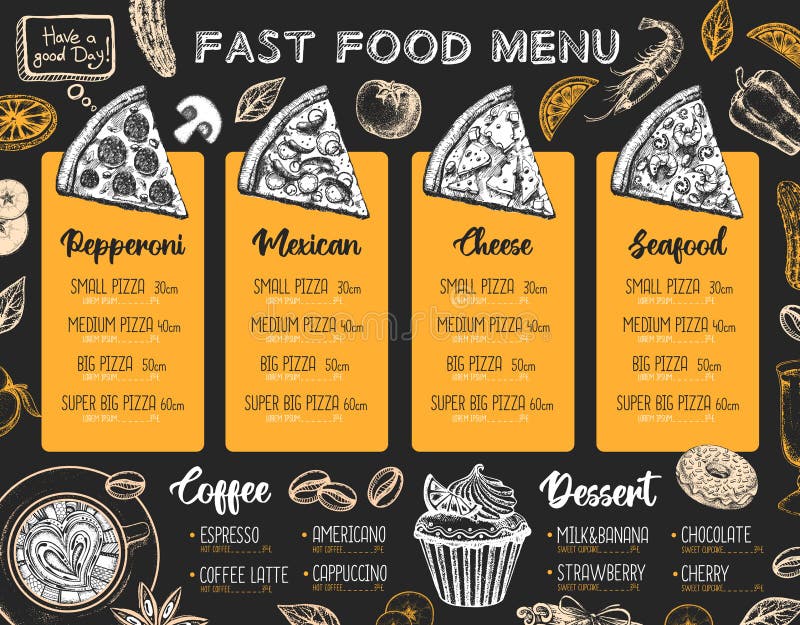 Restaurant Pizza Menu Design. Decorative Sketch of Pizza Stock Vector ...