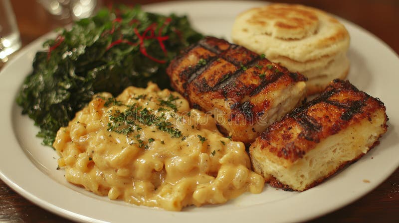 Restaurant Plate of Mac & Cheese, Fish, and Biscuits Stock Image ...