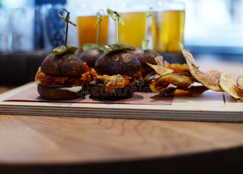 Restaurant Plated Dish, Slider Burgers and Chips Stock Image - Image of ...