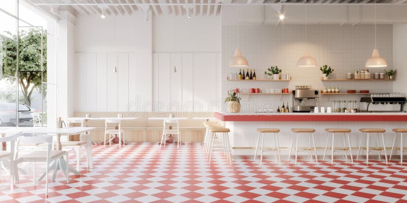 A Restaurant with a Red and White Checkered Floor and White Tables and ...