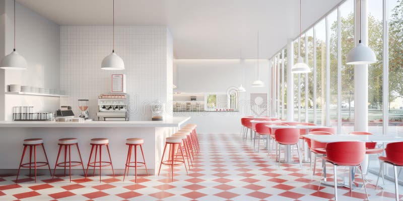 A Restaurant with Red and White Checkered Floors and Red Chairs by AI ...