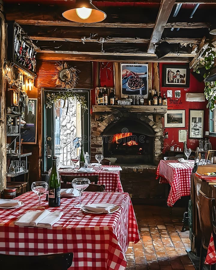 Restaurant with Red and White Checkered Tablecloths and a Fireplace ...