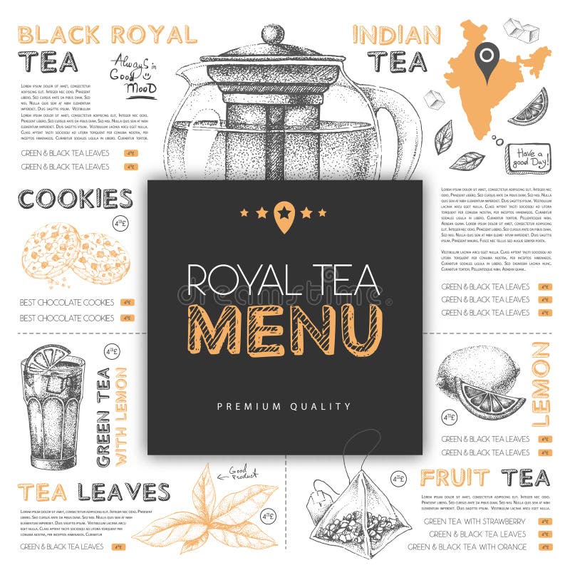 Restaurant Royal Tea Menu Design with Hand Drawing Tea Elements. Stock ...