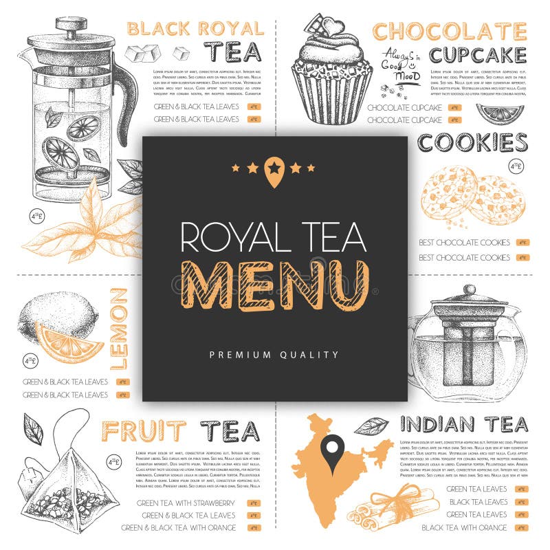 Restaurant Royal Tea Menu Design with Hand Drawing Tea Elements. Stock ...