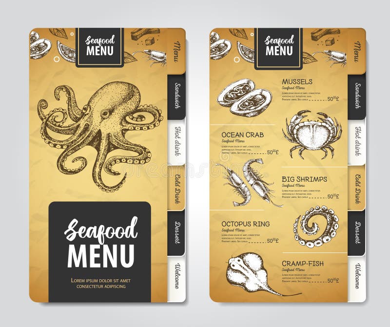 Restaurant Seafood Menu Design. Decorative Sketch of Seafood Stock ...