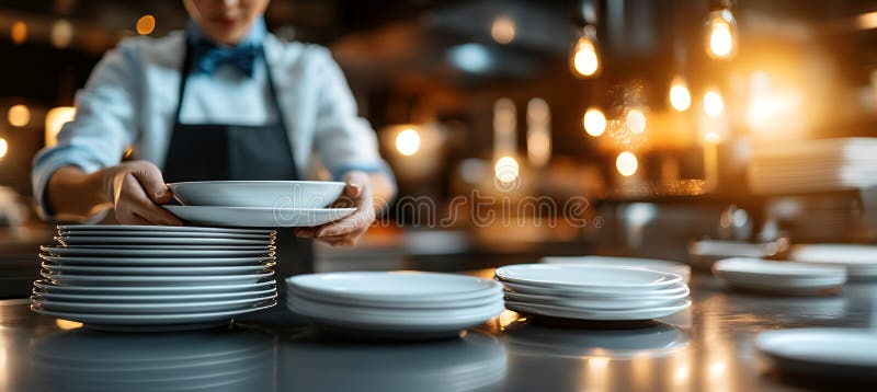 A Restaurant Server Carefully Stacks Clean Plates and Bowls in a Busy ...
