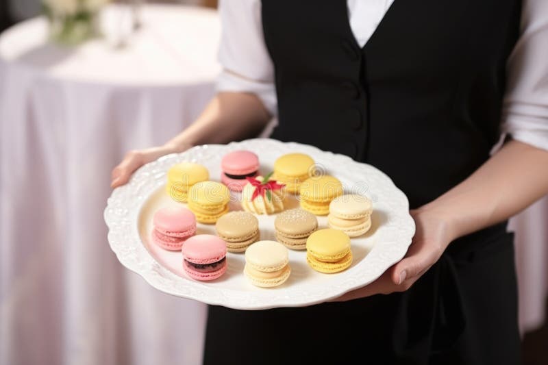 Restaurant Server Presenting Plate of Vanilla Macarons Stock ...