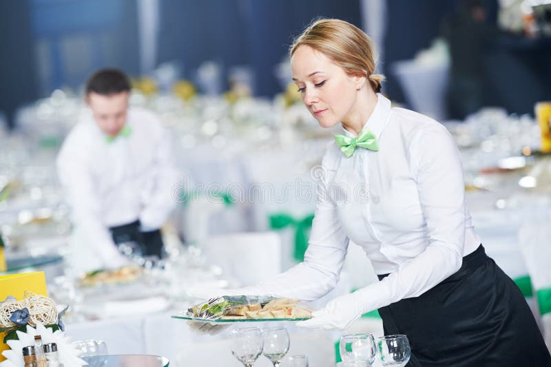 Restaurant Services. Female Waitress Serving Table Stock Image - Image ...