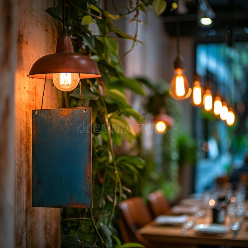 A Restaurant with a Sign Hanging from the Ceiling and Lights, AI Stock ...