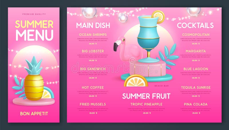 Restaurant Summer Menu Design with 3D Plastic Cocktail, Pineapple and ...