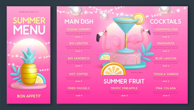 Restaurant Summer Menu Design with 3D Plastic Cocktail, Pineapple and ...
