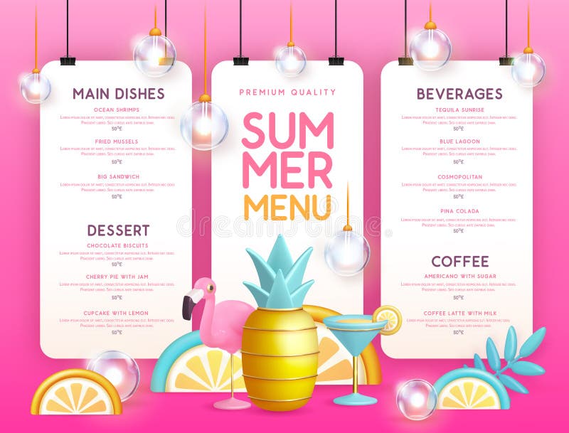 Restaurant Summer Menu Design with 3D Plastic Cocktail, Pineapple and ...