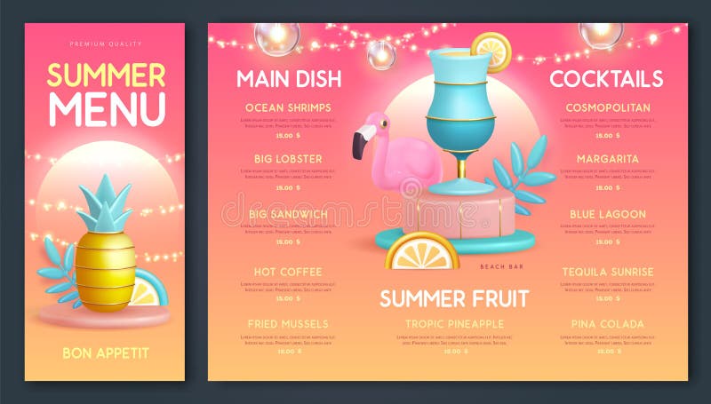 Restaurant Summer Menu Design with 3D Plastic Cocktail, Pineapple and ...