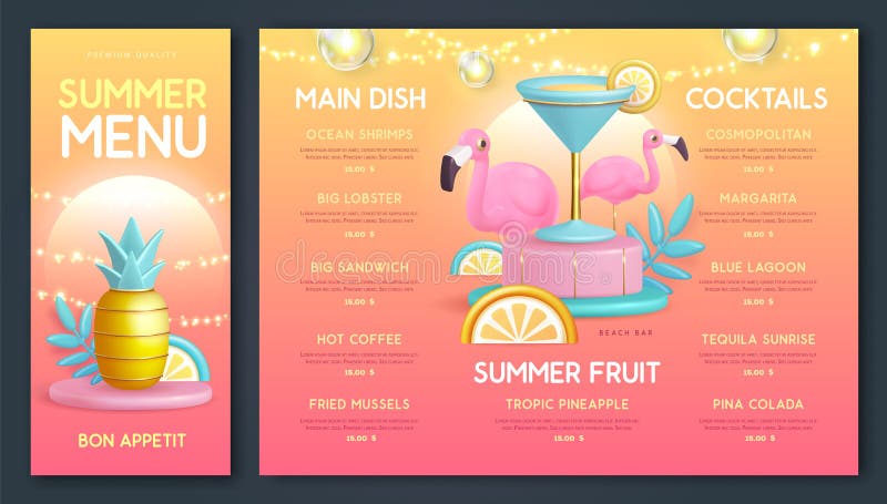 Restaurant Summer Menu Design with 3D Plastic Cocktail, Pineapple and ...