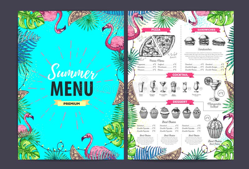 Restaurant Summer Menu Design with Tropic Leaves and Flamingo. Stock ...