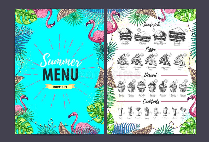 Restaurant Summer Menu Design with Tropic Leaves and Flamingo. Stock ...