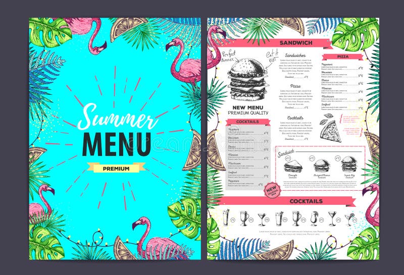 Restaurant Summer Menu Design with Tropic Leaves and Flamingo. Stock ...