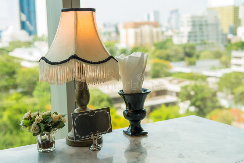 Restaurant Table with Cityscape Background View at Hotel in Sunny Day ...
