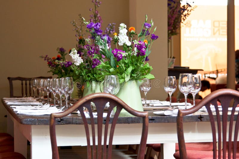 Restaurant Table with Flowers Stock Image - Image of glass, reception ...
