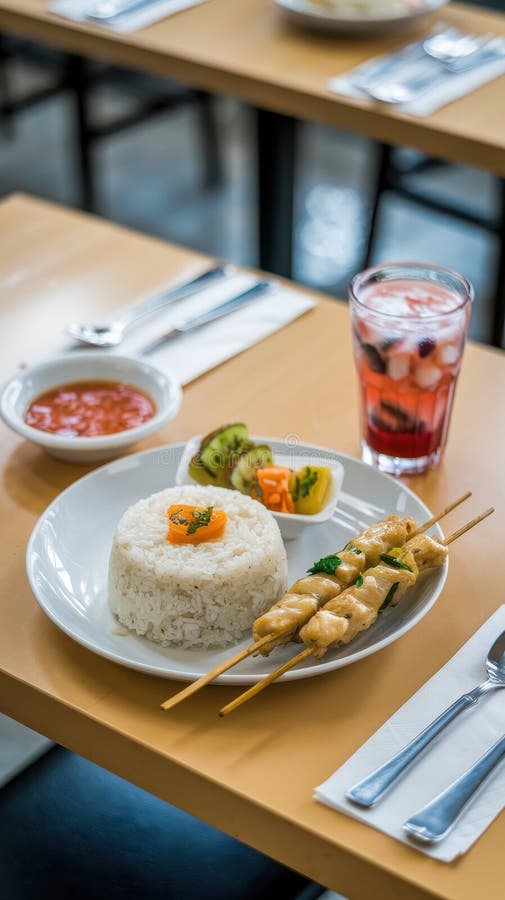 Restaurant Table with Rice, Grilled Skewers, and Two Drinks Stock ...