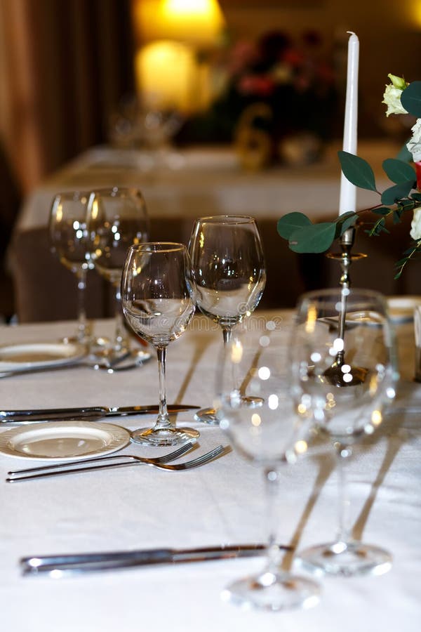 Restaurant Table Set with Clean Dishes Stock Photo - Image of bright ...