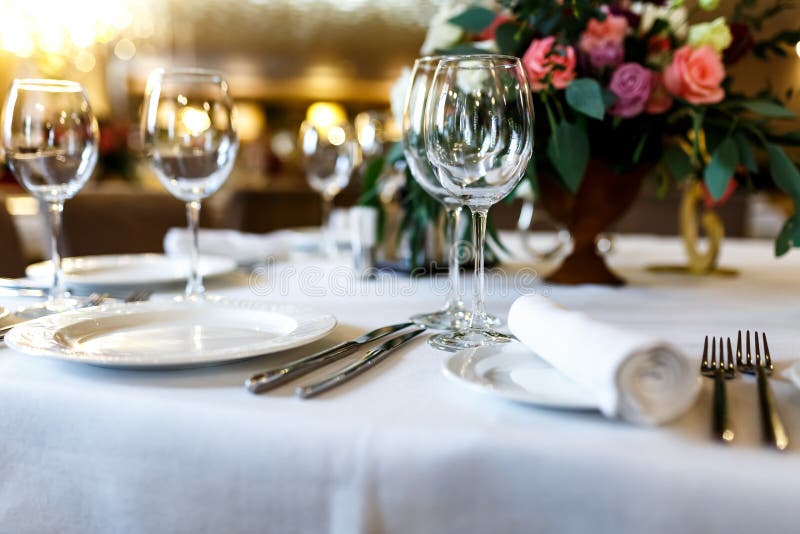Restaurant Table Set with Clean Dishes Stock Photo - Image of elegant ...