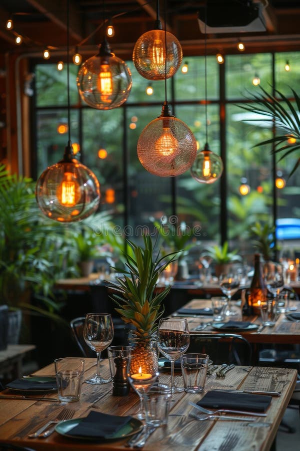A Restaurant with a Table Set for Dinner and Some Hanging Lights, AI ...