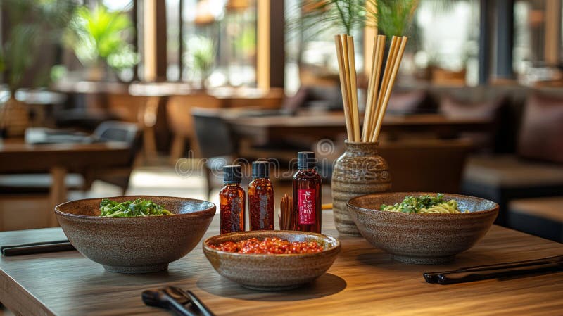 Restaurant Table Setting with Asian-inspired Dishes and Condiments ...
