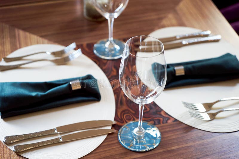 Restaurant Table Setting with Empty Clean Glasses. Banquet Dining Table ...