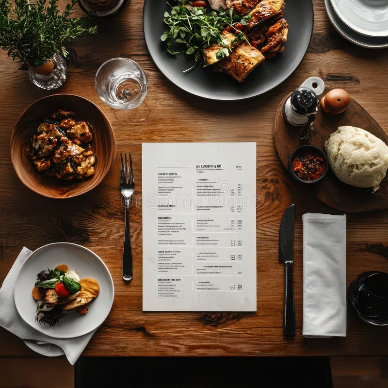 Restaurant Table Setting with Food and Menu Stock Illustration ...