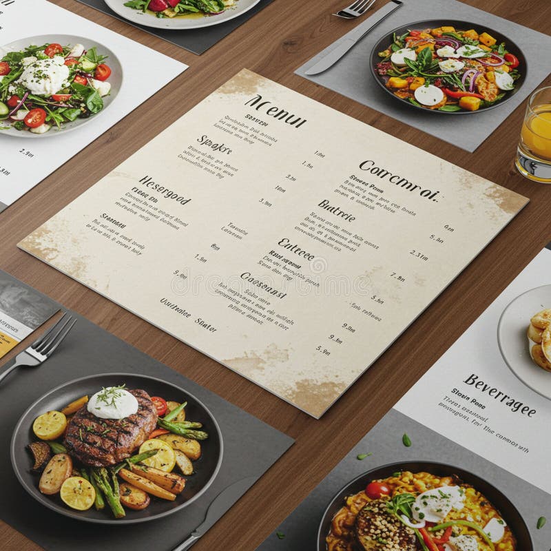 A Restaurant Table Setting with a Menu Centered on a Wooden Surface ...