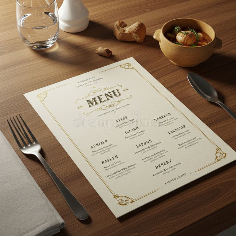 Restaurant Table Setting with a Menu on a Wooden Surface. the Menu Features Ornate Stock ...
