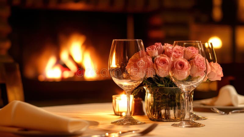 Restaurant Table Setup Near a Fireplace Featuring an Elegant Atmosphere ...