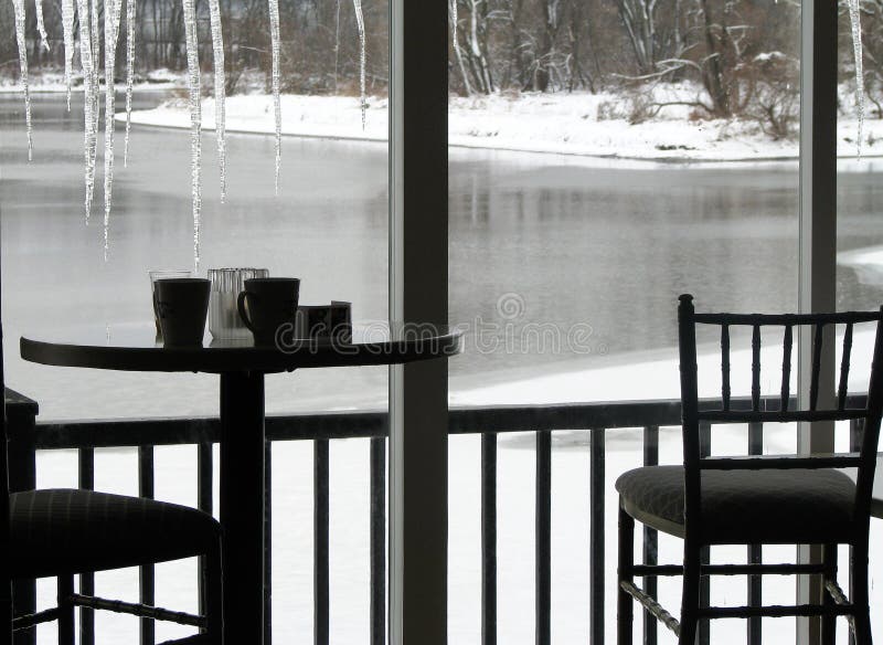 Restaurant Table by the Window with View of Frozen Winter River Stock ...